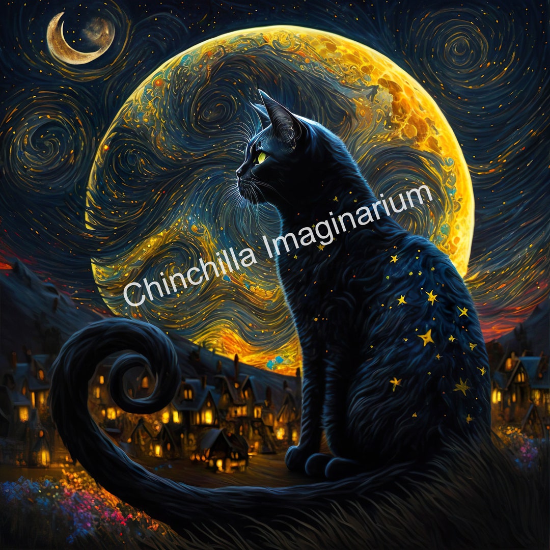 Starry Night Black Cat Black Cat Art Black Cat Print Cat Art Print ...