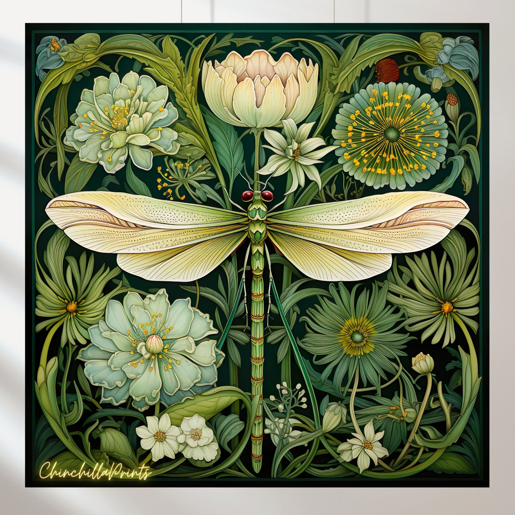 Dragonfly Art Nouveau Dragonfly, Beautiful Dragonfly in Flowers, Wall Art, Instant Download ...