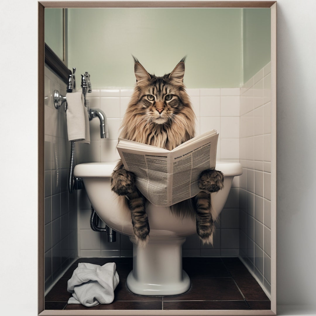 Funny Bathroom Decor Maine Coon Cat Sitting on the Toilet Reading a ...