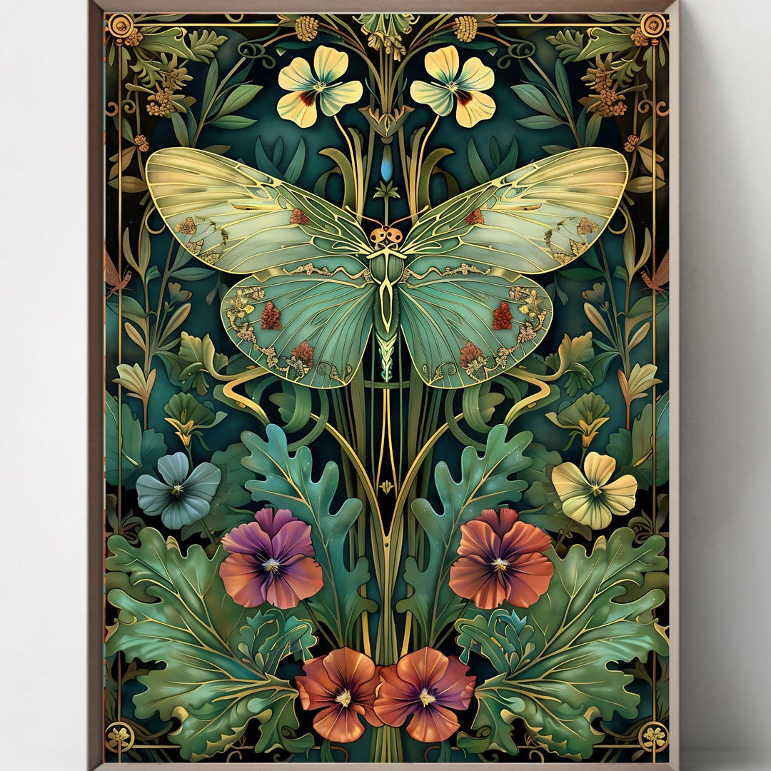 Set of 5 Art Nouveau Butterfly Print: William Morris Style, Dark ...