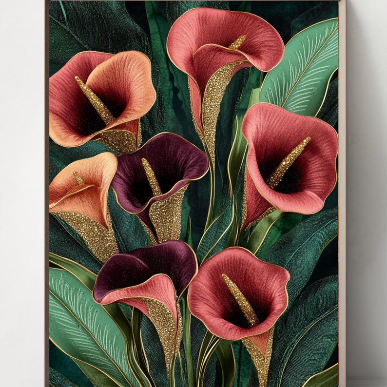 Set of 5 Art Deco Calla Lily Print: Vintage Floral Stained Glass ...