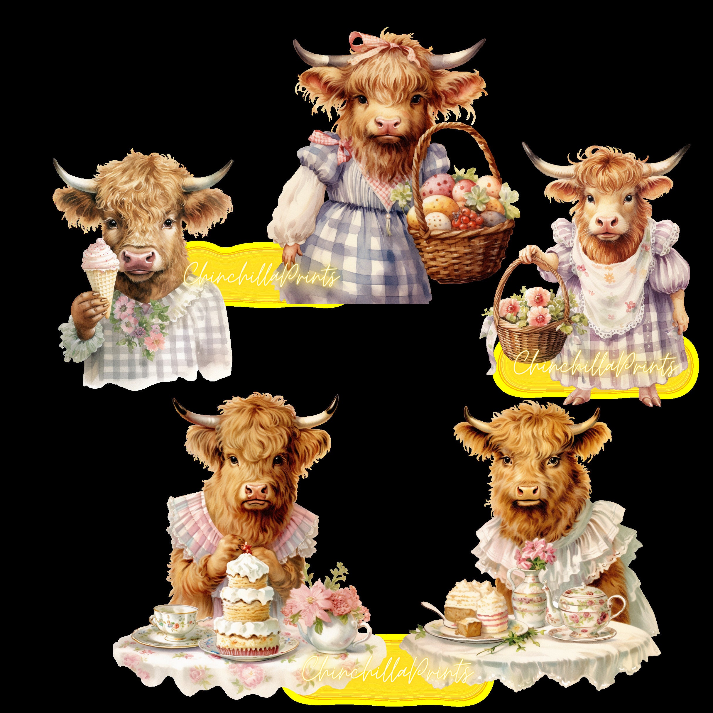 Watercolor Highland Cow File PNG, Vintage Card, Highland Cow in a Cute ...