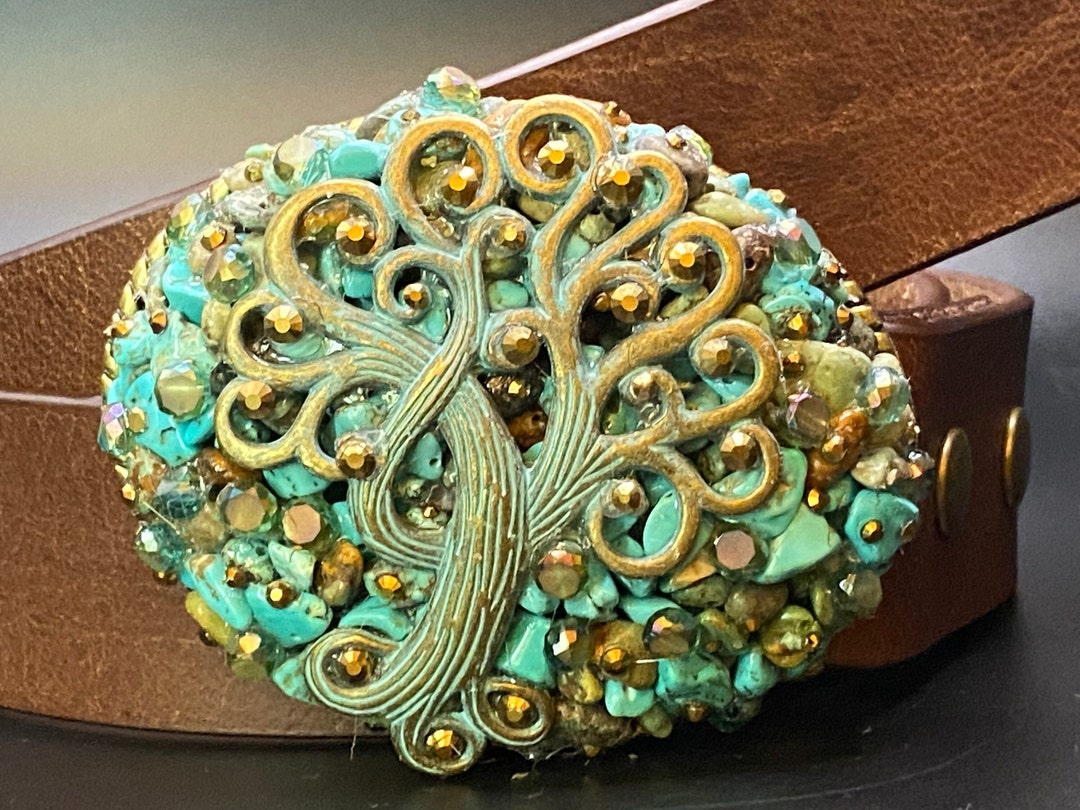 Turquoise Patina Tree & Rhinestone Buckle - Etsy