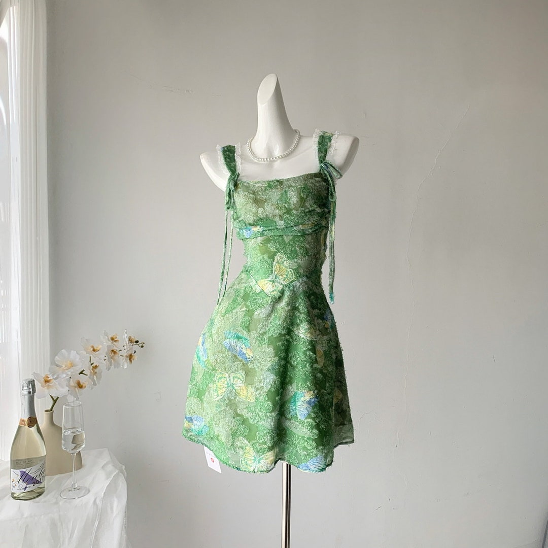 Summer Romantic Gyaru Mini Green Floral Lace Backless Mini Dress Women ...
