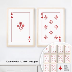 Set of 10 Red Playing Card Prints, Minimalist Wall Art, Clubs Ace Cards ...