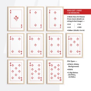 Set of 10 Red Playing Card Prints, Minimalist Wall Art, Clubs Ace Cards ...