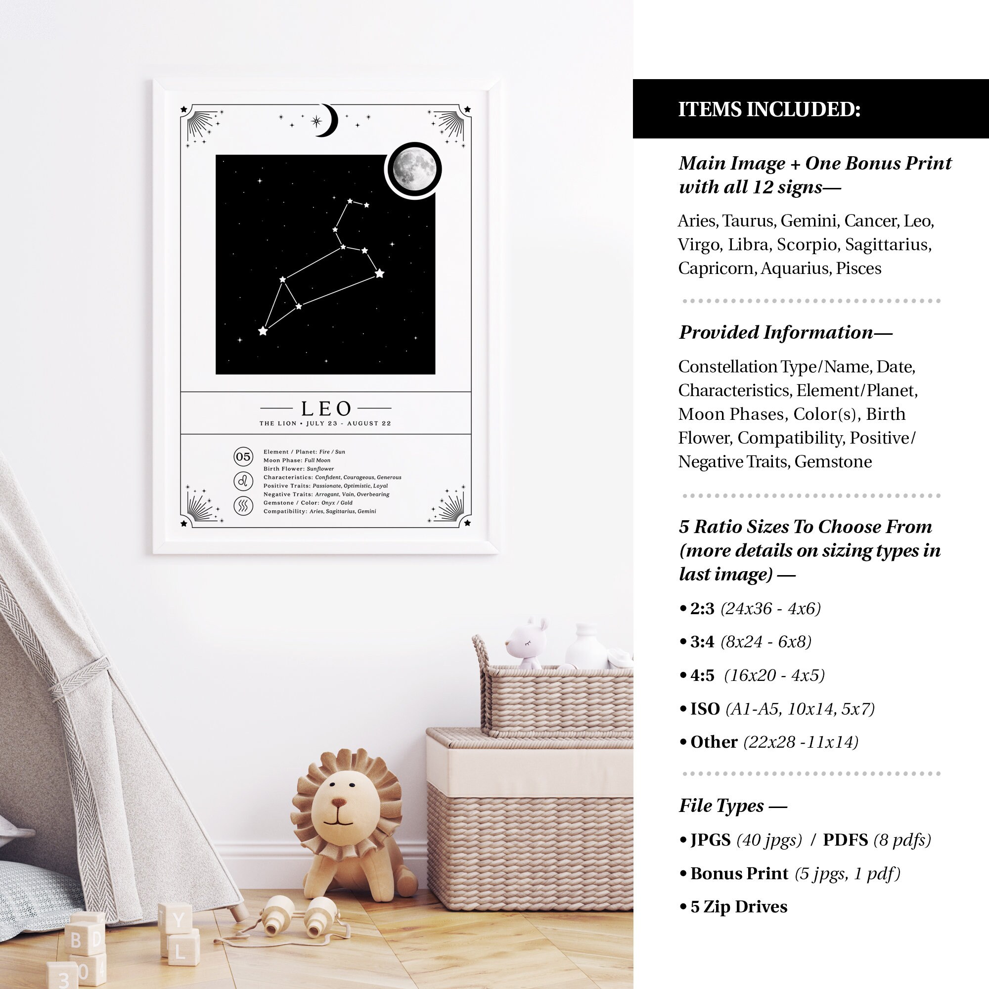 Leo Zodiac Print With Moon, Night Sky Printable Art for Astrology Gifts ...