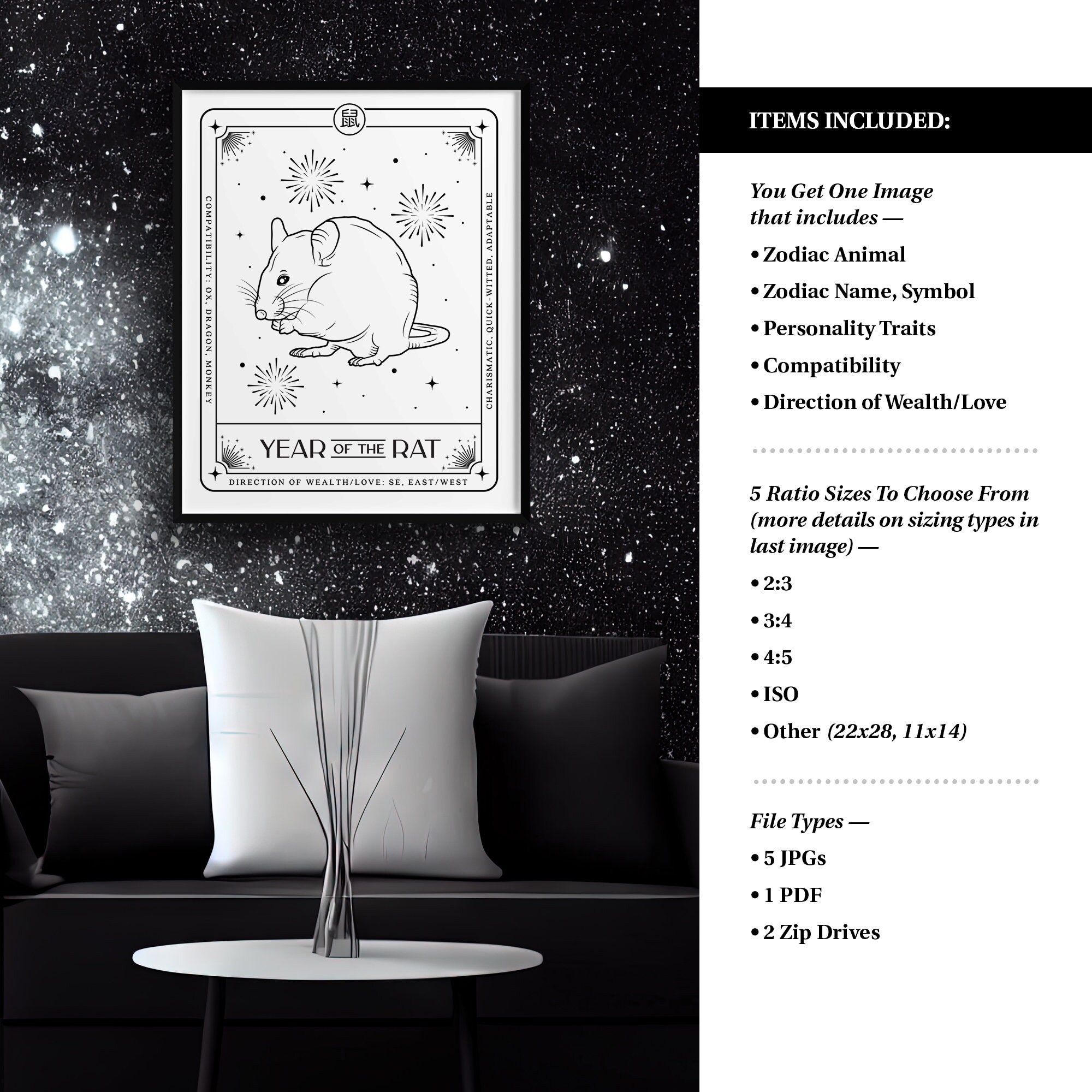 Year of the Rat Chinese Zodiac Tarot Card Art Print, Astrology ...