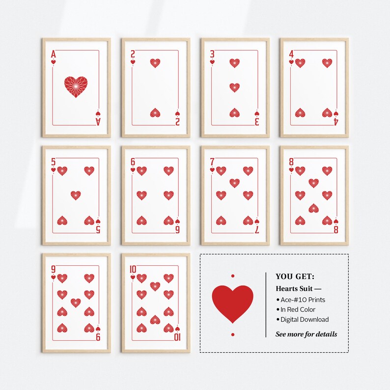 Set of 10 Red Playing Card Prints, Minimalist Wall Art, Hearts Ace ...