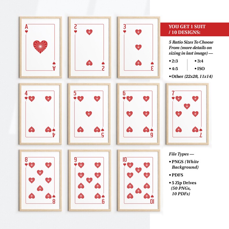 Set of 10 Red Playing Card Prints, Minimalist Wall Art, Hearts Ace ...