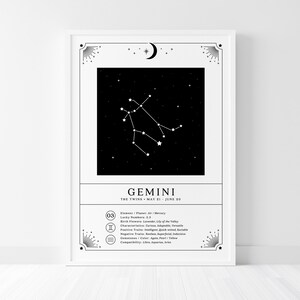 Gemini Zodiac Print, Night Sky Printable Astrology Gifts for Horoscope ...