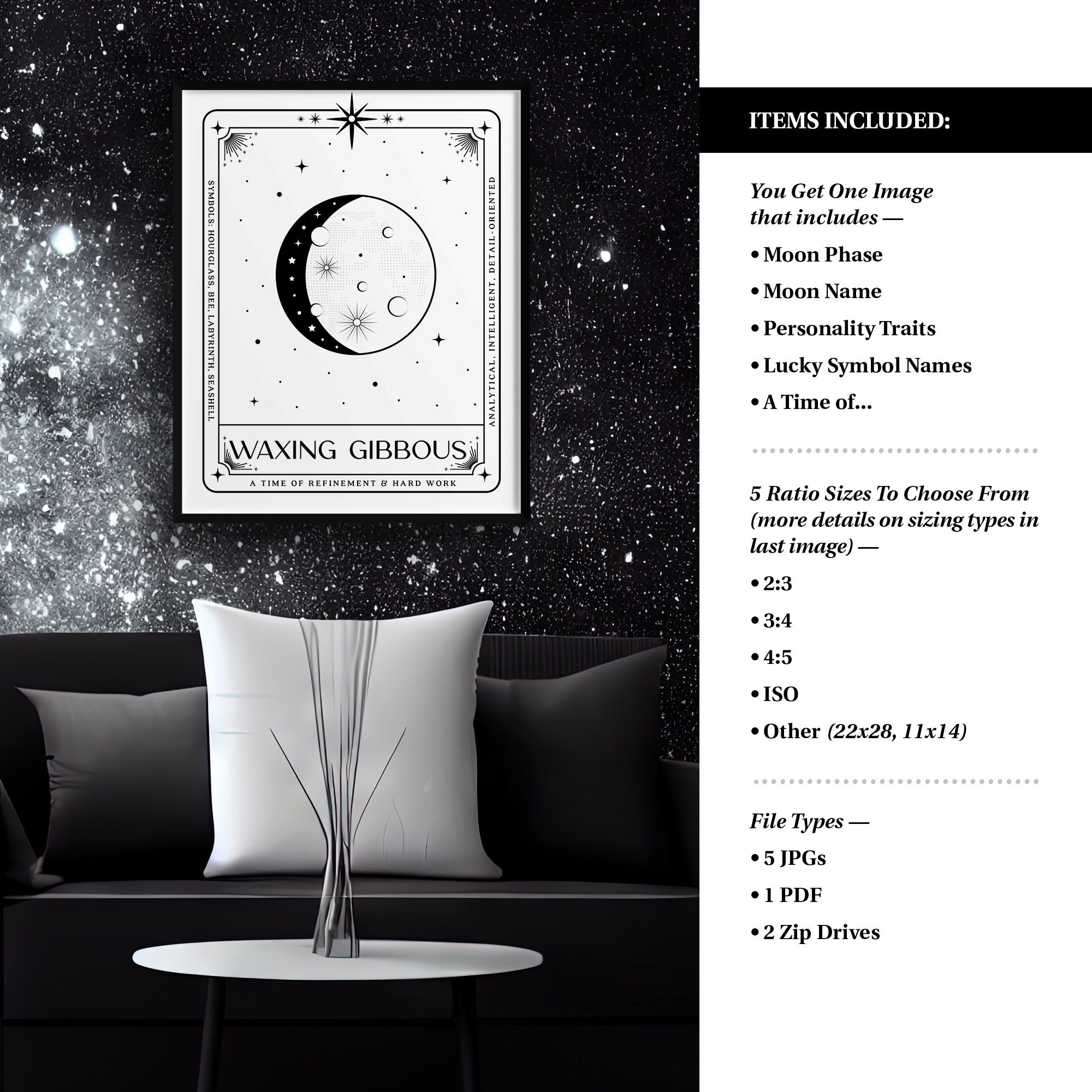 Waxing Gibbous Moon Tarot Card Art Print, Night Sky Printable Celestial Constellation Poster ...