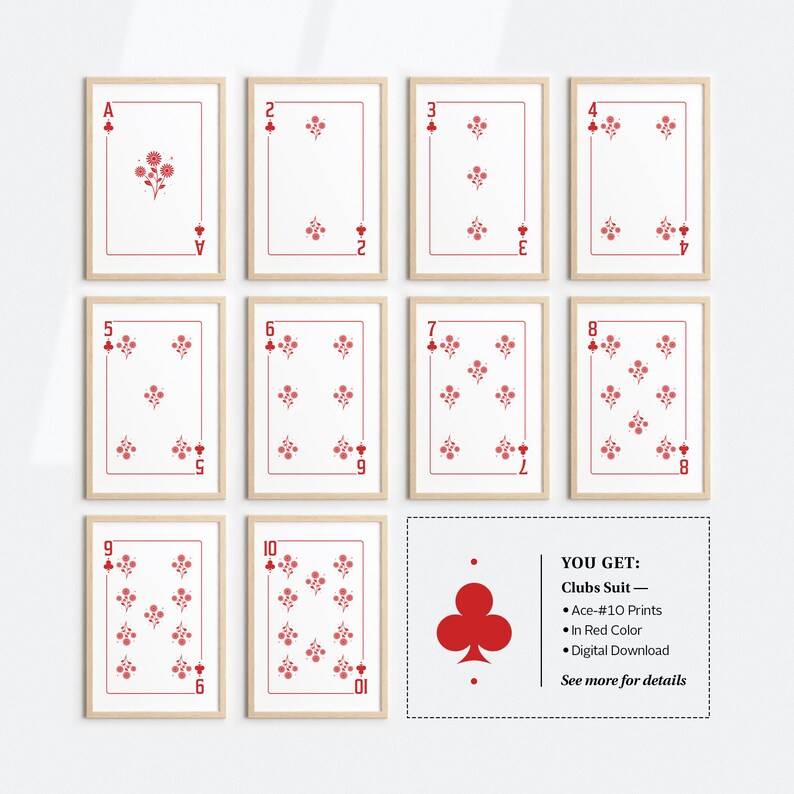 Set of 10 Red Playing Card Prints, Minimalist Wall Art, Clubs Ace Cards ...