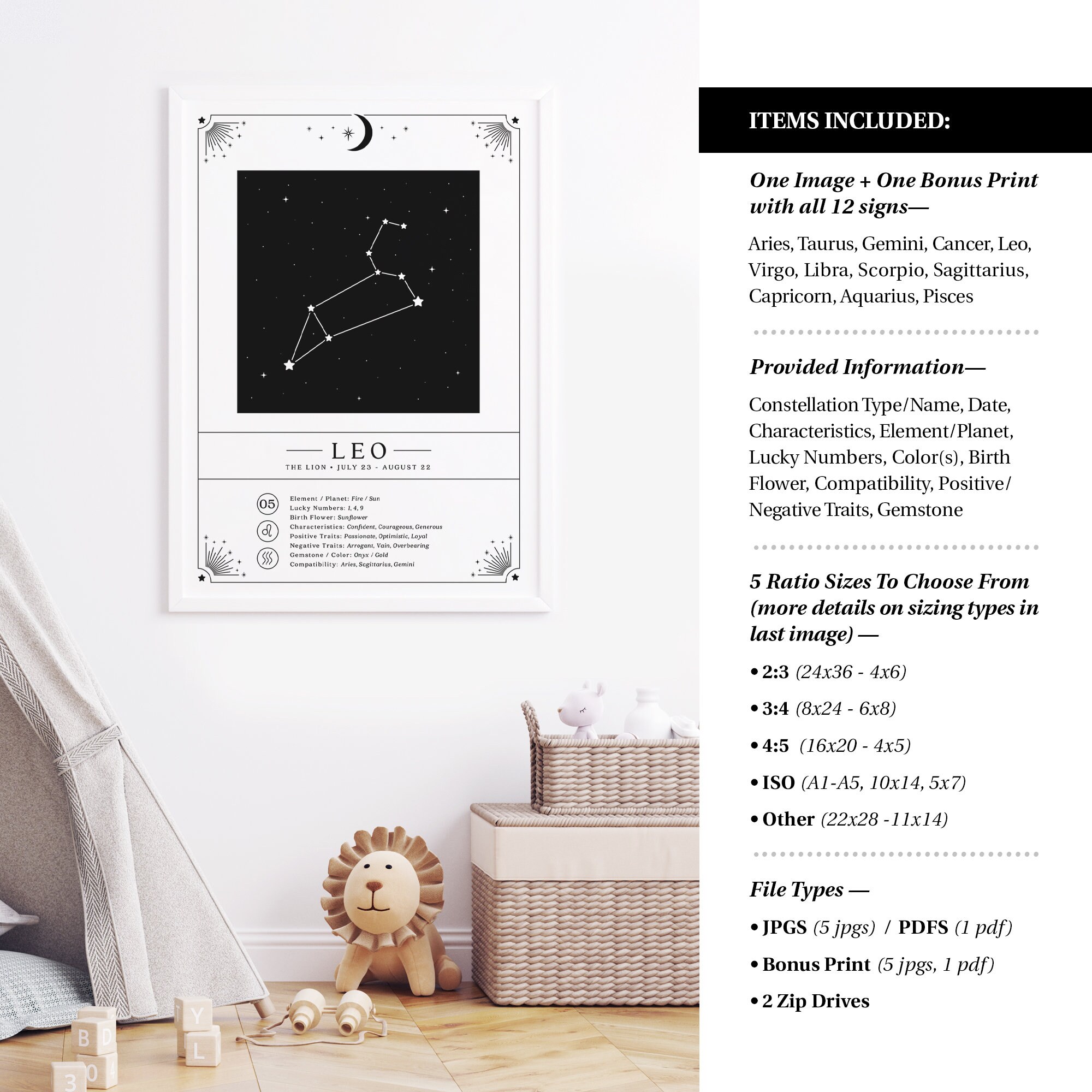 Leo Zodiac Print, Night Sky Printable Astrology Gifts for Horoscope ...