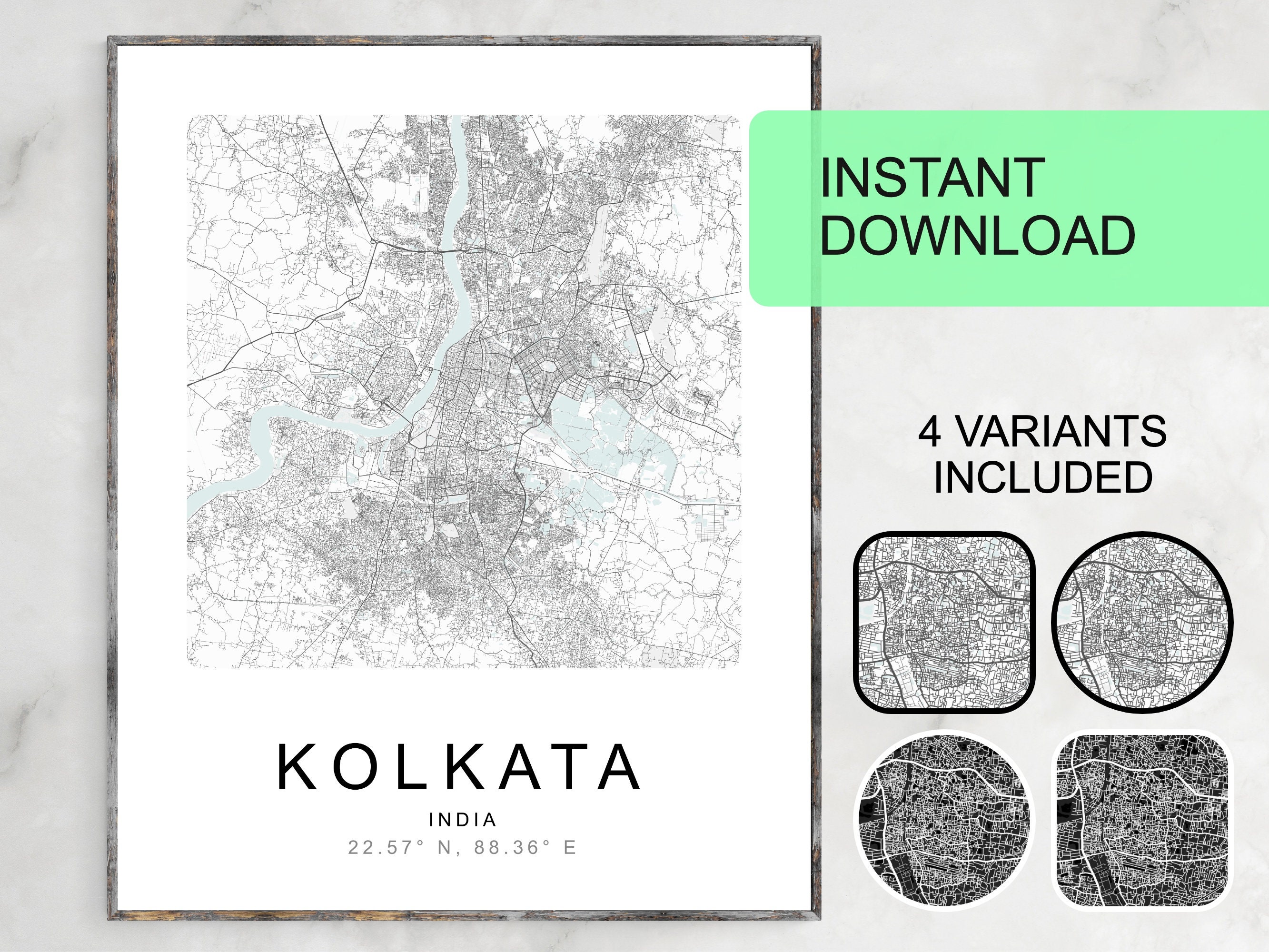 Map of Kolkata, India, Digital Download, Wall Art Set of 4, Art Prints ...