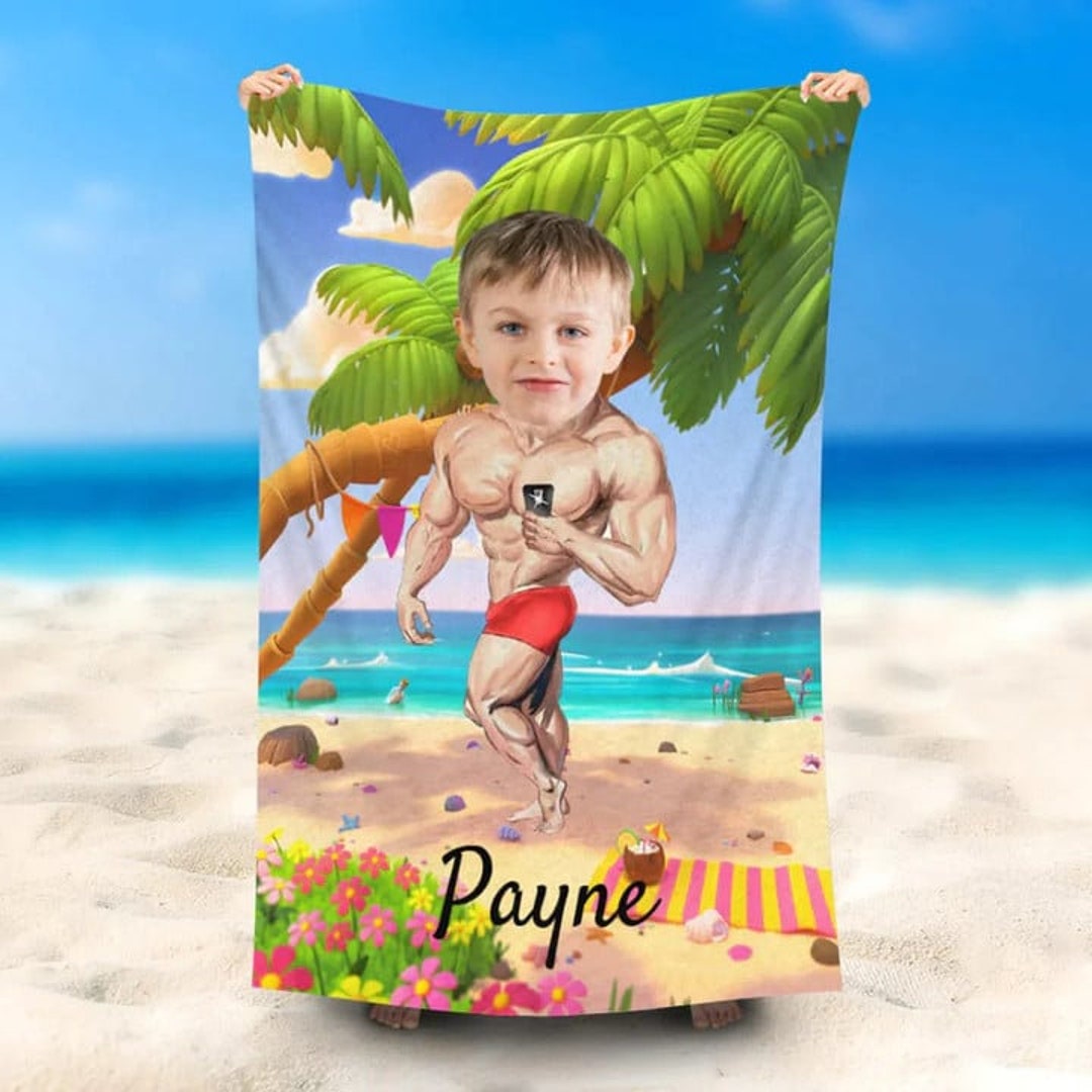 USA MADE Custom Photo Face Boy Beach Towel, Funny Body Builder Beach ...