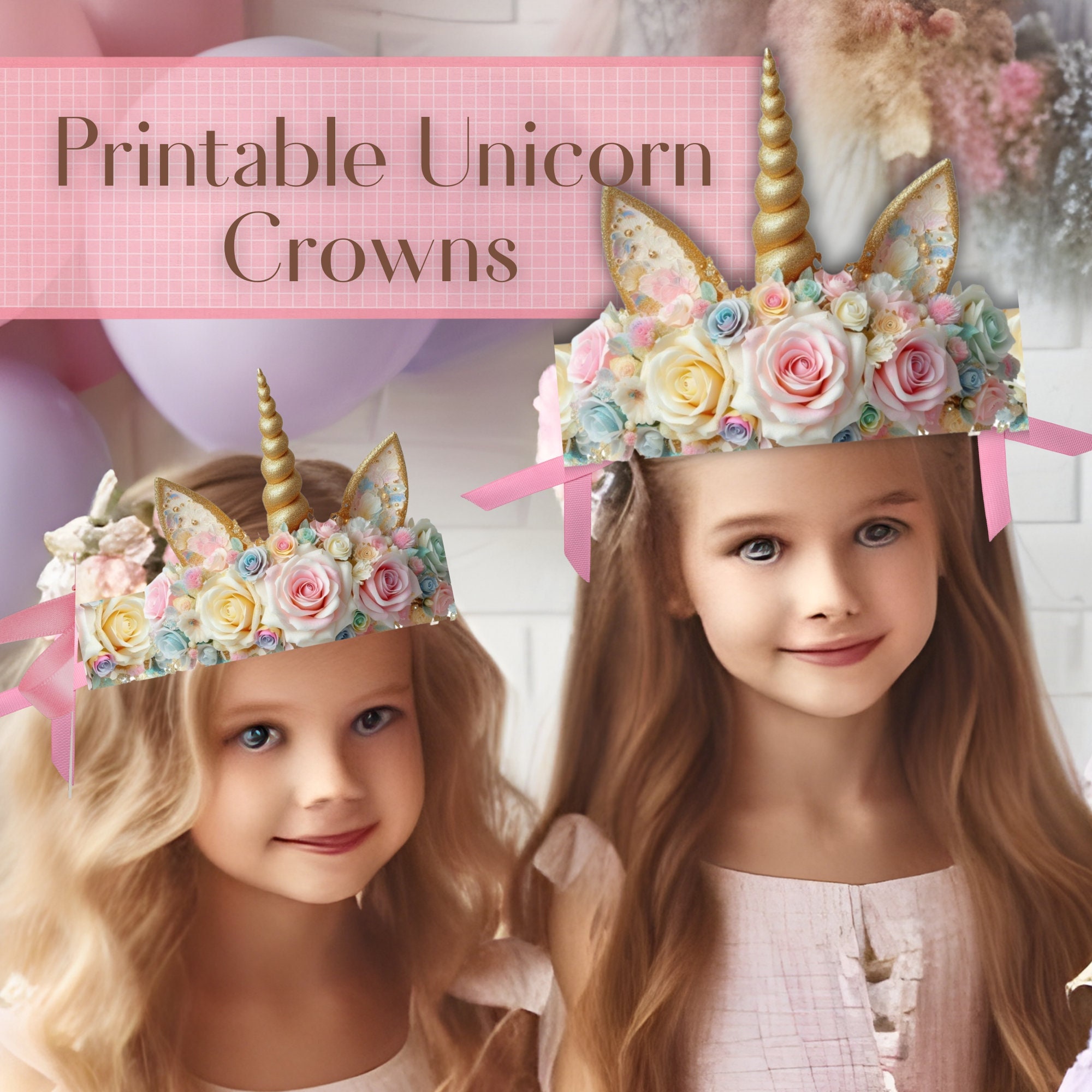 Unicorn Crowns, Printable Unicorn Party Crown, Shabby Chic Roses Crown ...