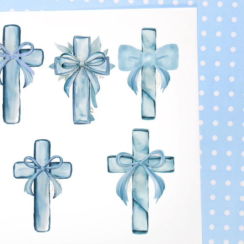 Watercolor Baptism Clipart: Blue Crosses With Bows (PNG Printable) - Etsy