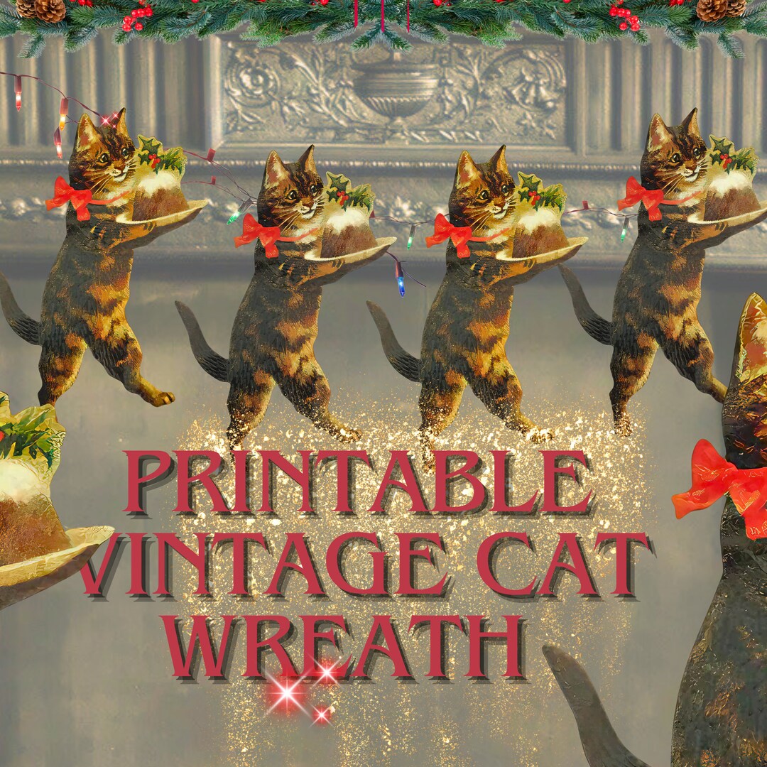 Vintage Cat Christmas Pudding Garland, Printable Mamelok Garland, Red ...