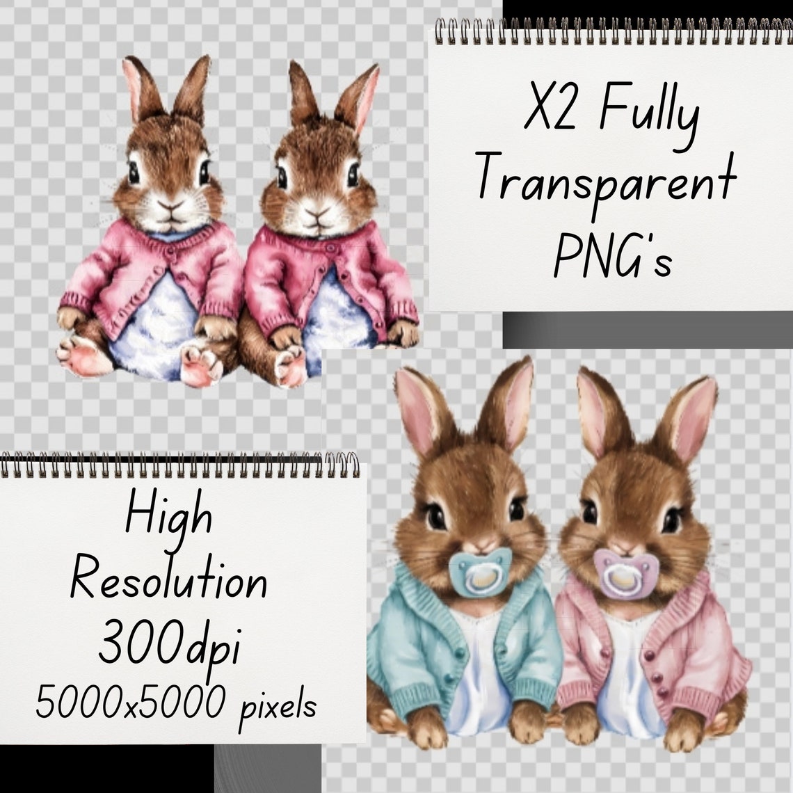 Twin Bunny Clipart Bundle, Watercolor Bunnies, Handpainted Rabbits ...