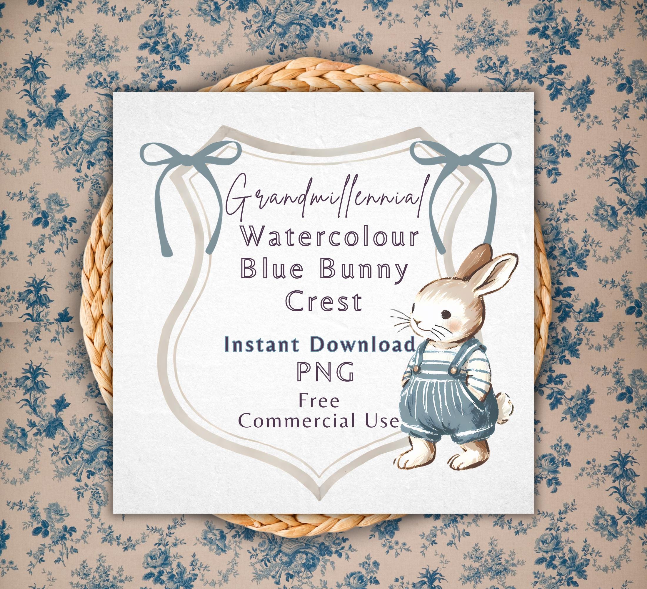 Crest With Bunny and Bows PNG Blue Watercolor Baby Boy Rabbit Wearing ...
