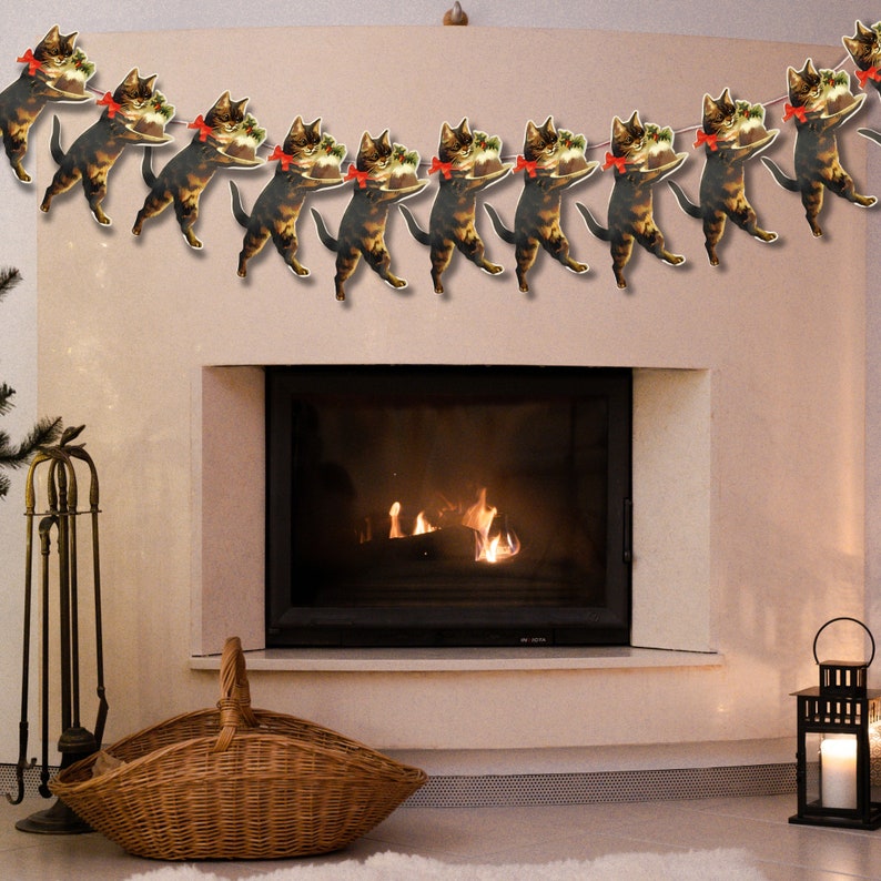 Vintage Cat Christmas Pudding Garland, Printable Mamelok Garland, Red ...
