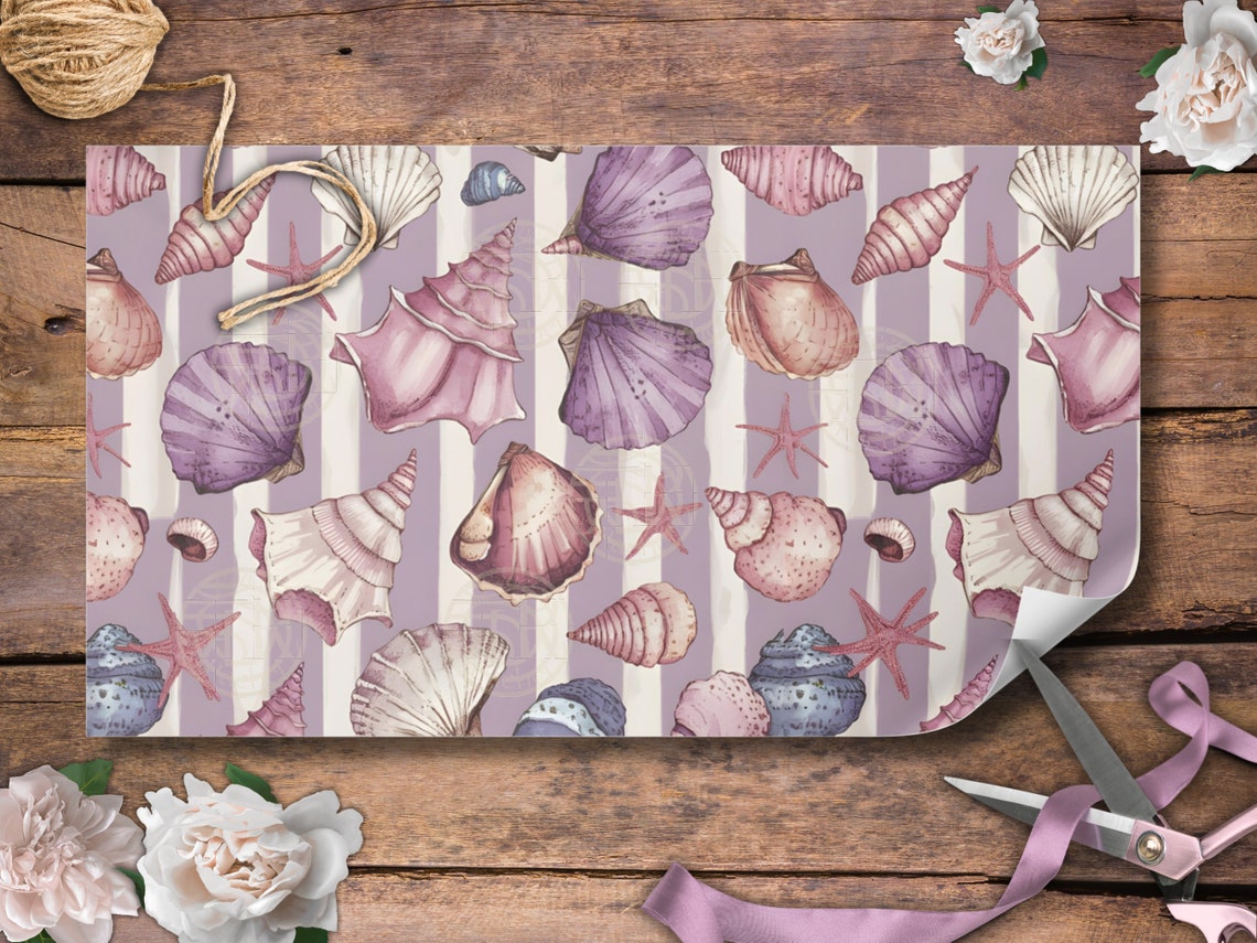 Seashell Wrapping Paper, Ocean Shells Gift Wrap, Handpainted Watercolor ...