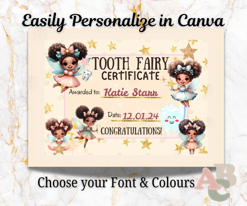 Black Girl Tooth Fairy Certificate Printable, Editable Canva Template ...