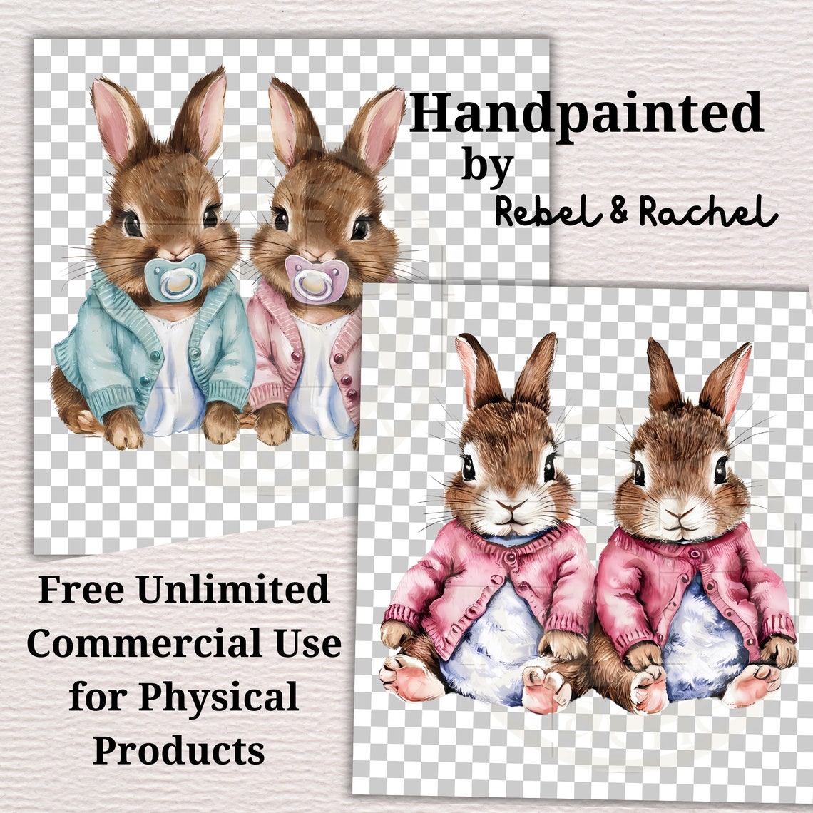 Twin Bunny Clipart Bundle, Watercolor Bunnies, Handpainted Rabbits ...