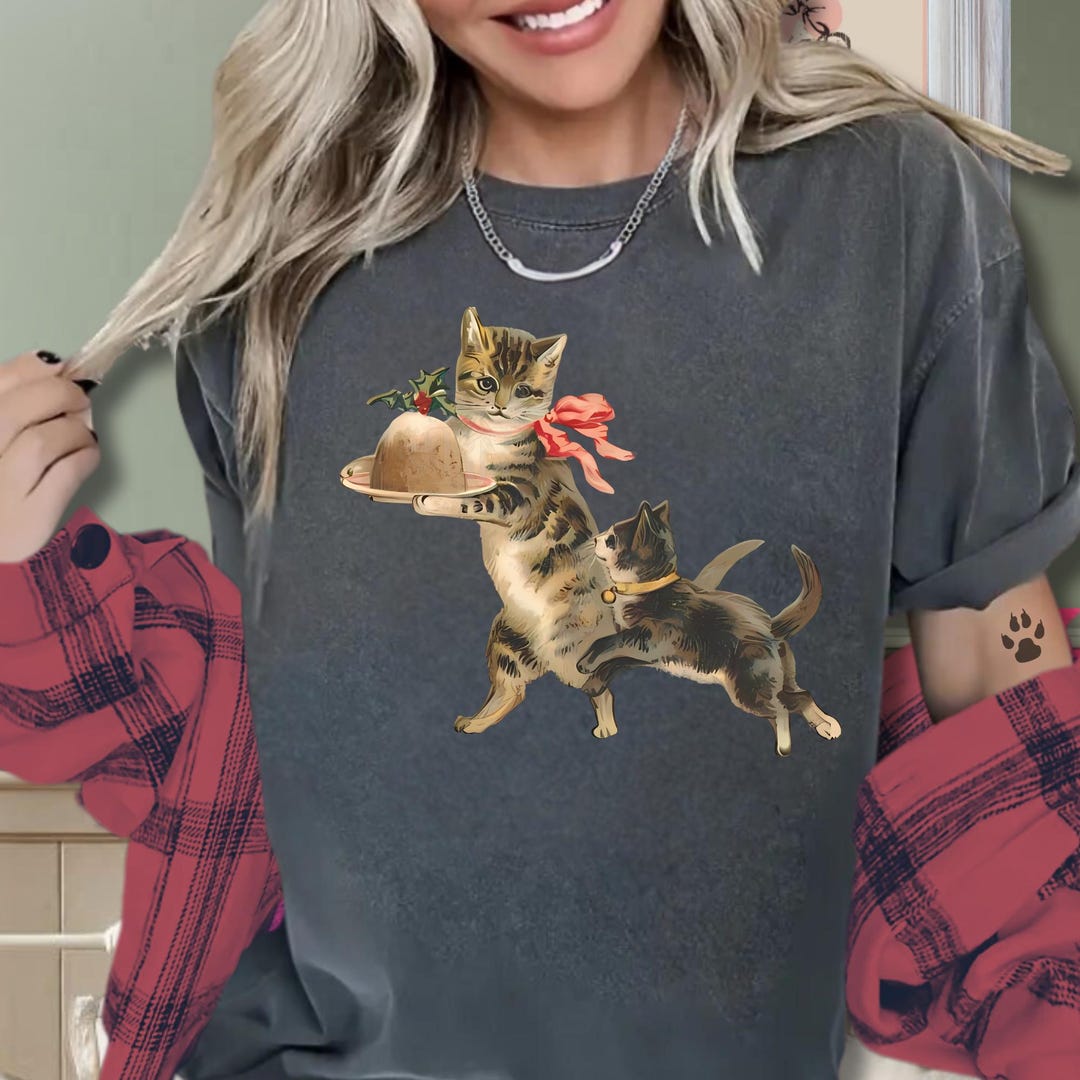 Figgy Pudding Cat Clipart, Vintage Christmas Kittens Png, Retro Holiday ...