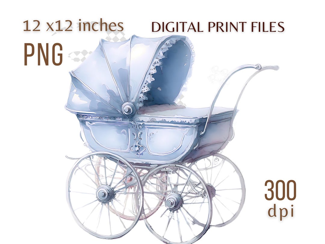 Baby Stroller Clipart, Blue Watercolor Traditional Bassinet Carriage ...