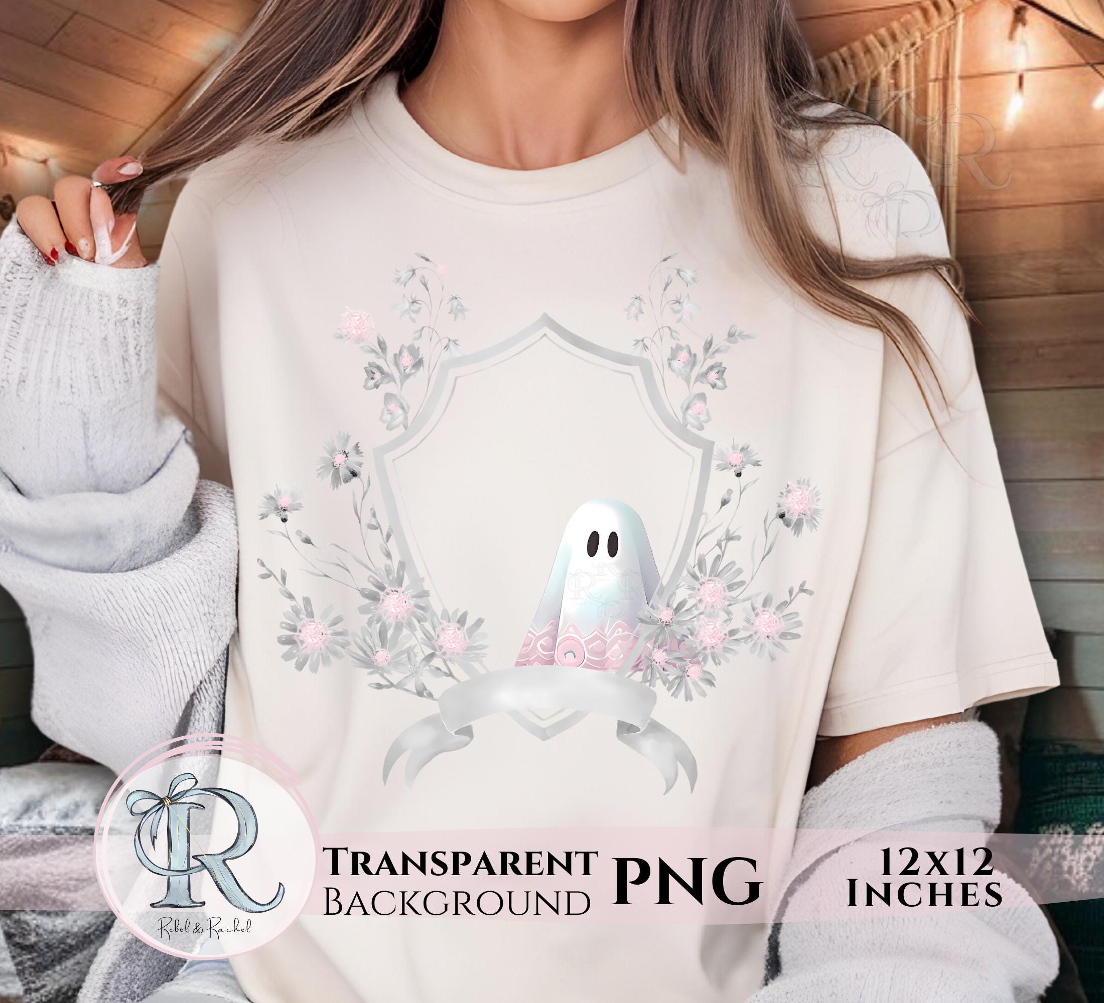 Pink Halloween Ghost Crest PNG: Watercolor Floral Border (commercial ...