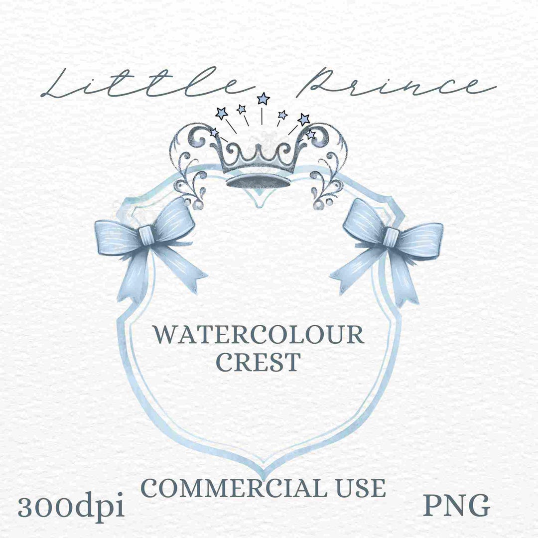 Blue Prince Crest Frame, Watercolor Bows, Printable PNG (digital ...