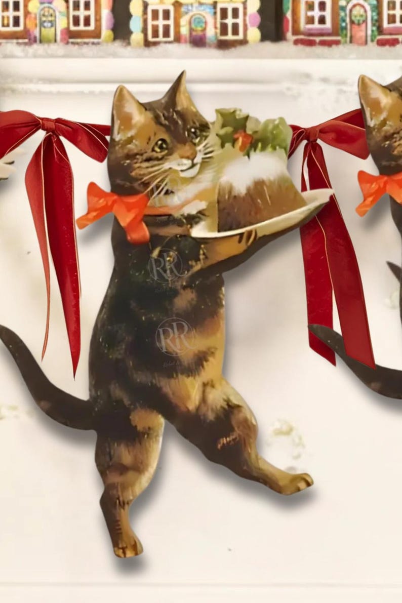 Vintage Cat Christmas Pudding Garland, Printable Mamelok Garland, Red ...