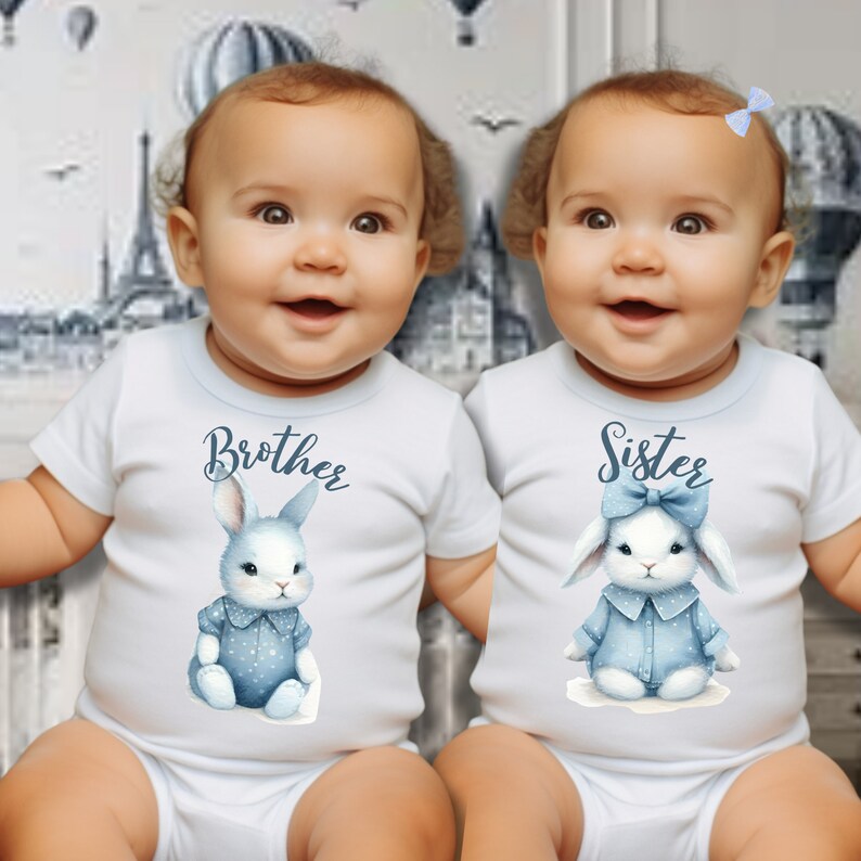Twin Baby Bunny Rabbit Clipart Bundle Sky Blue Brother and Sister Twins ...