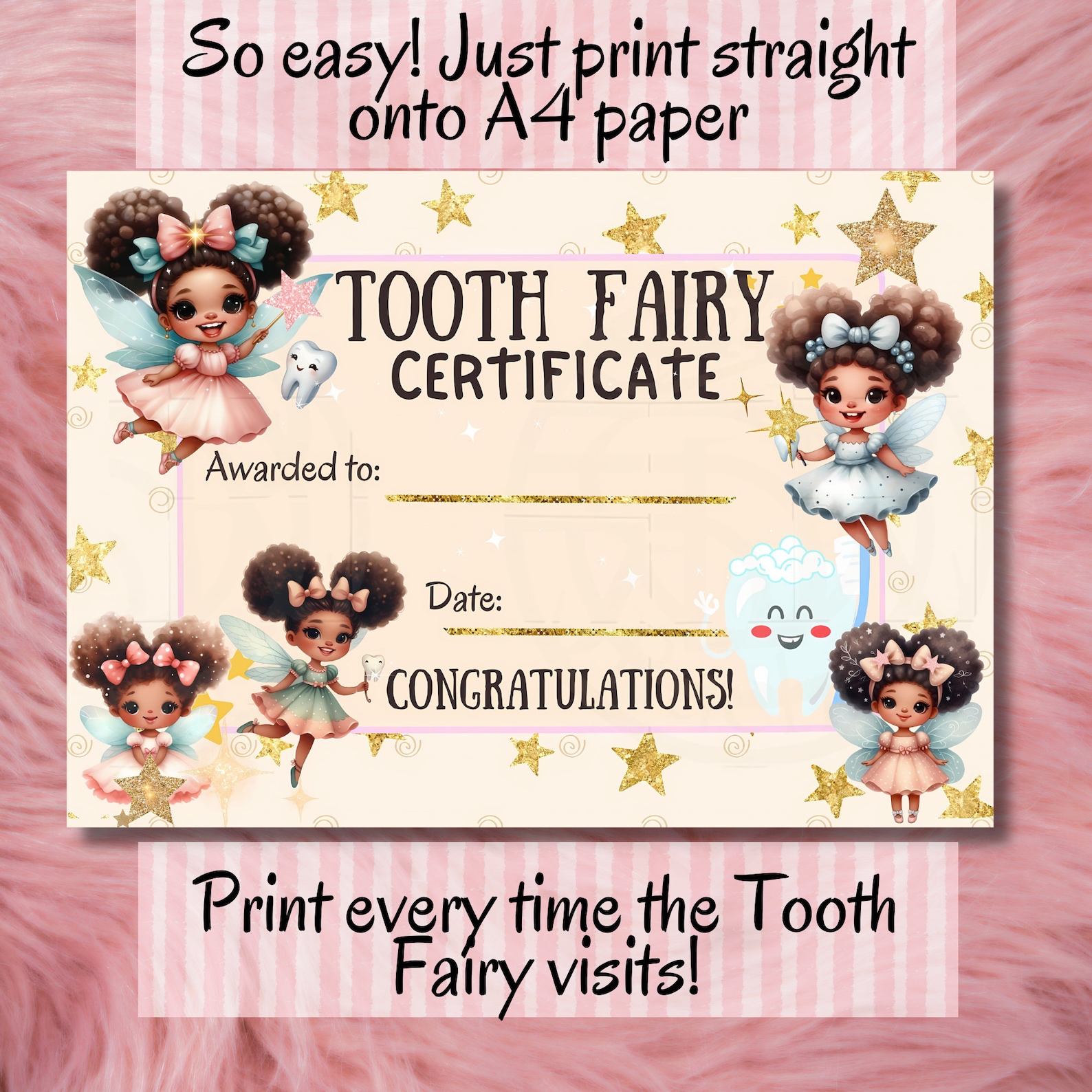 Black Tooth Fairy Certificate African American Fairies First Tooth Afro ...