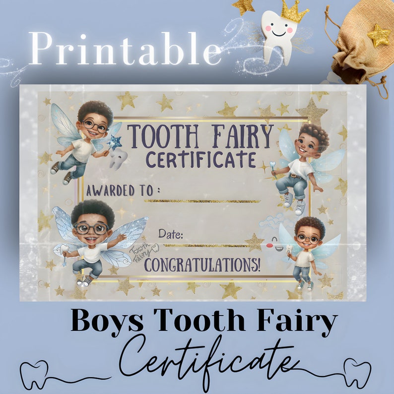 Boys Tooth Fairy Certificate, Retainer Award, Black Tooth Fairys, Boy ...
