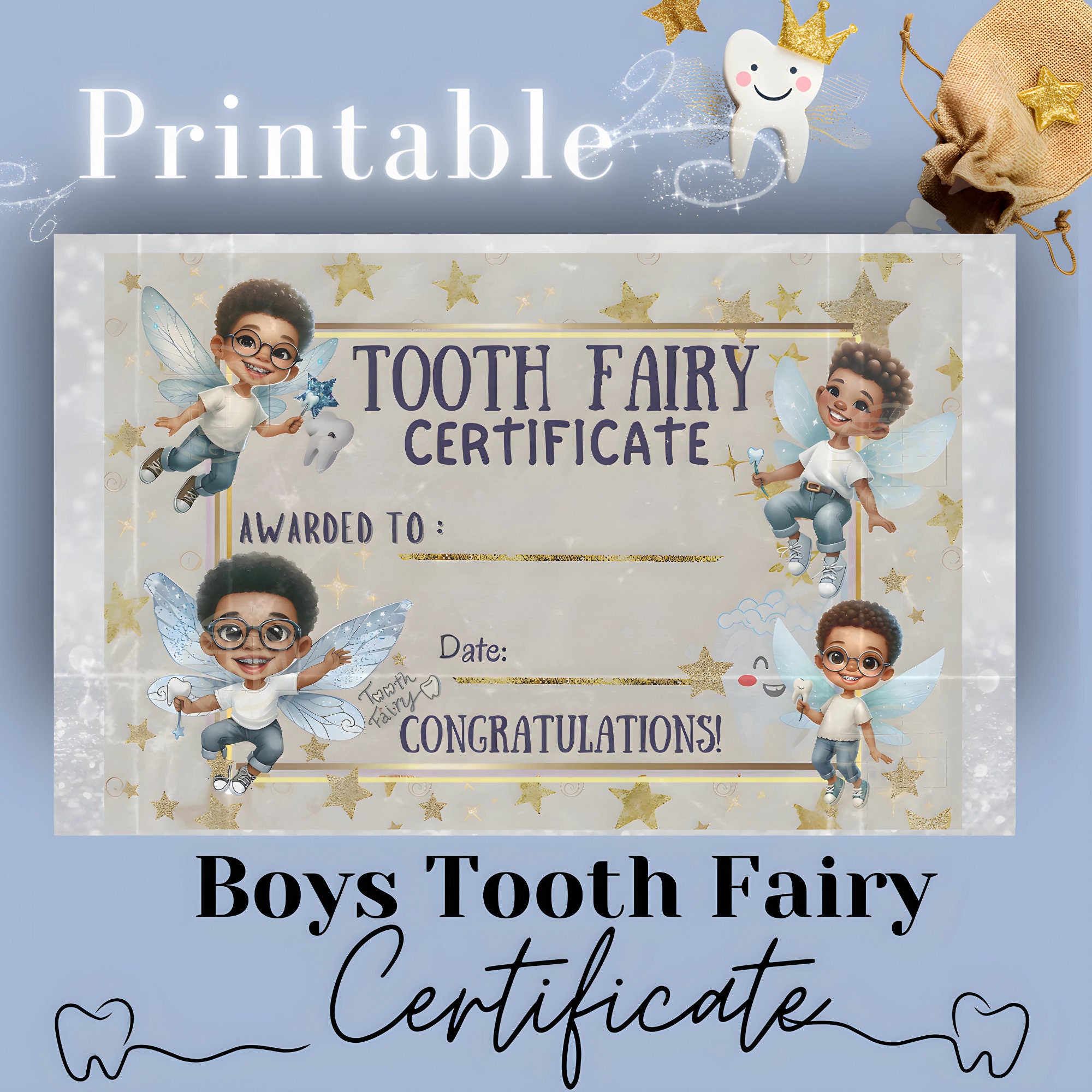 Boys Tooth Fairy Certificate, Retainer Award, Black Tooth Fairys, Boy ...
