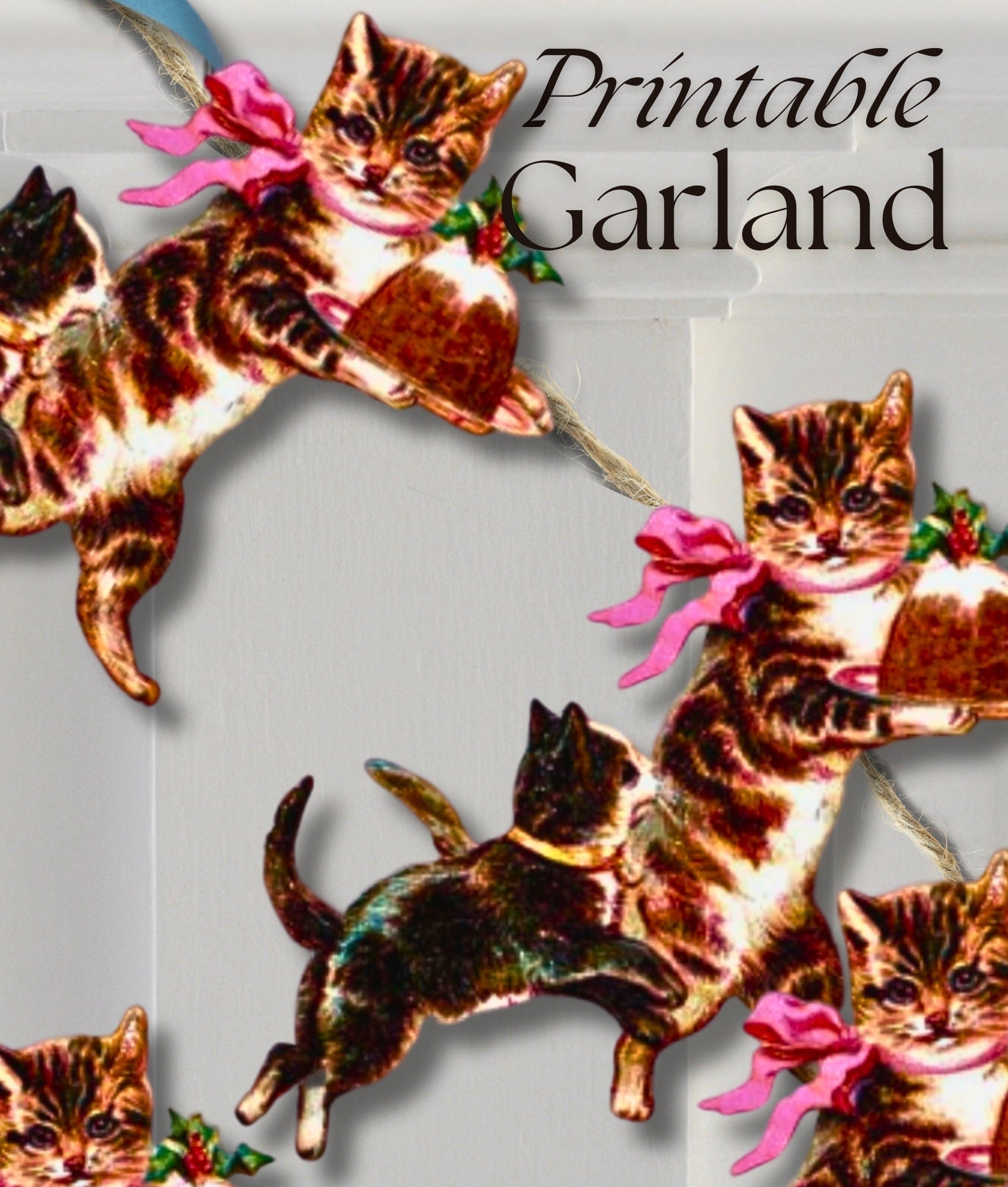 Vintage Cat Christmas Pudding Garland, Printable Paper Garland, Retro ...