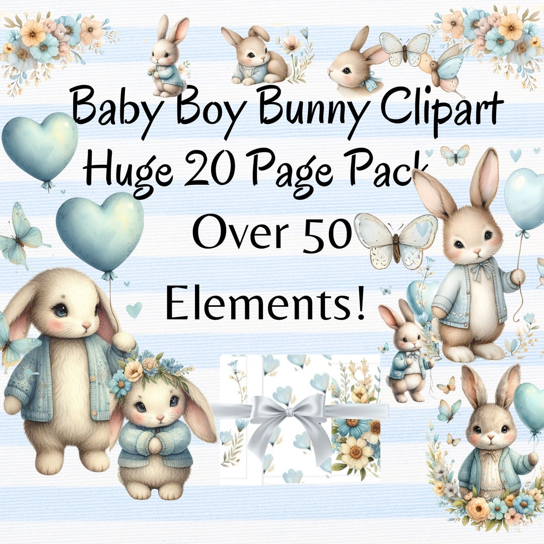 Paquete de imágenes prediseñadas Baby Boy Bunnies, conejos de acuarela ...