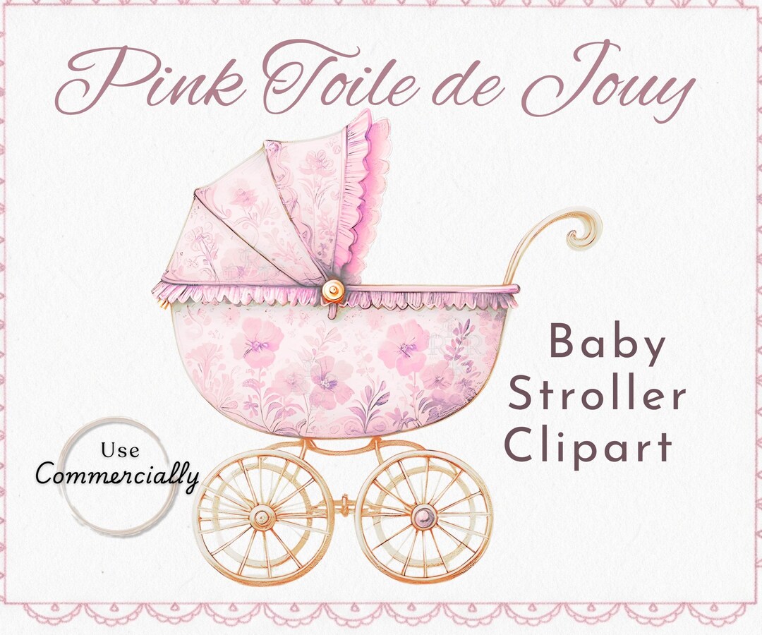 Toile De Jouy Baby Stroller Clipart, Pink Watercolor Traditional ...