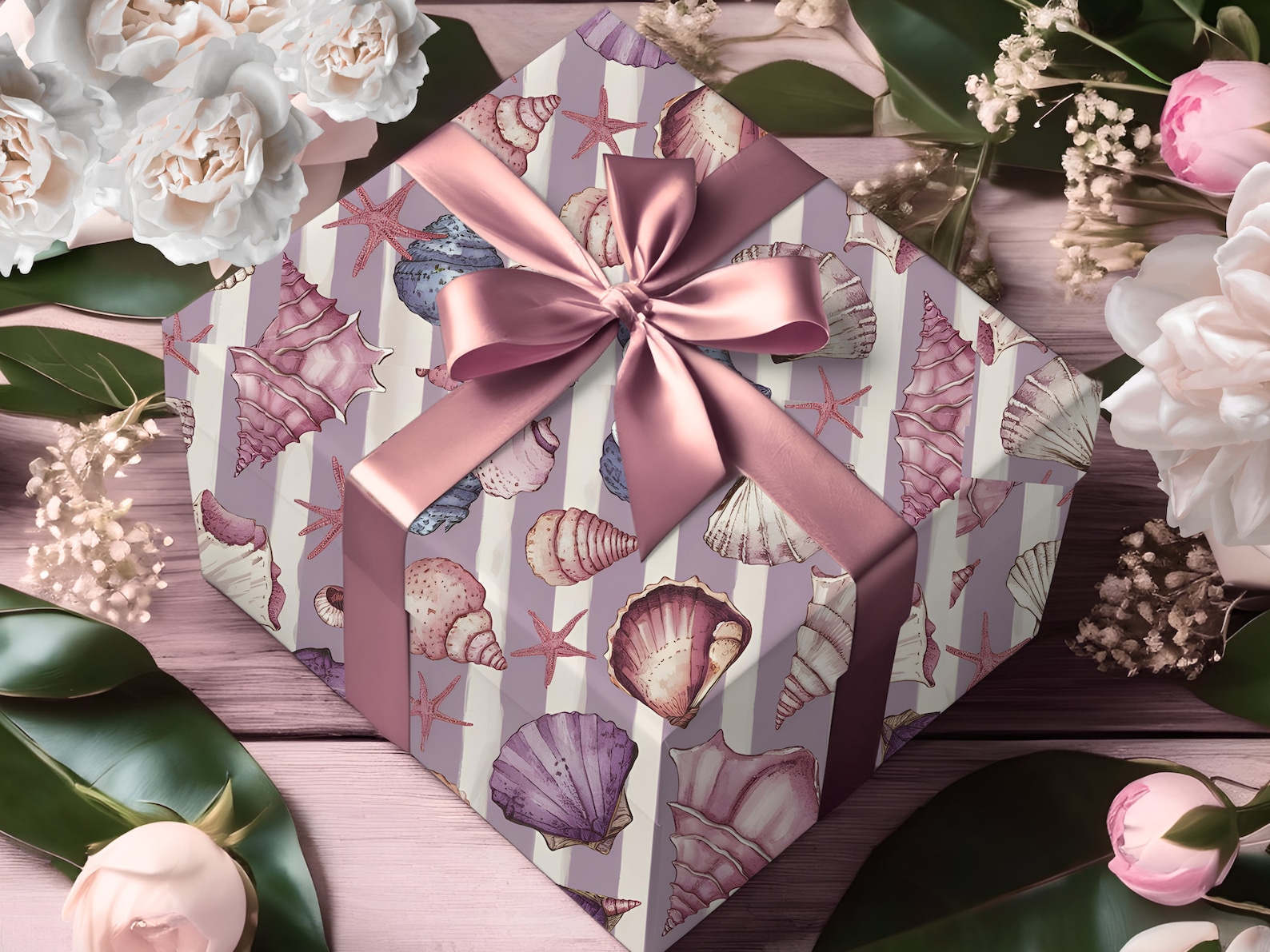 Seashell Wrapping Paper, Ocean Shells Gift Wrap, Handpainted Watercolor ...