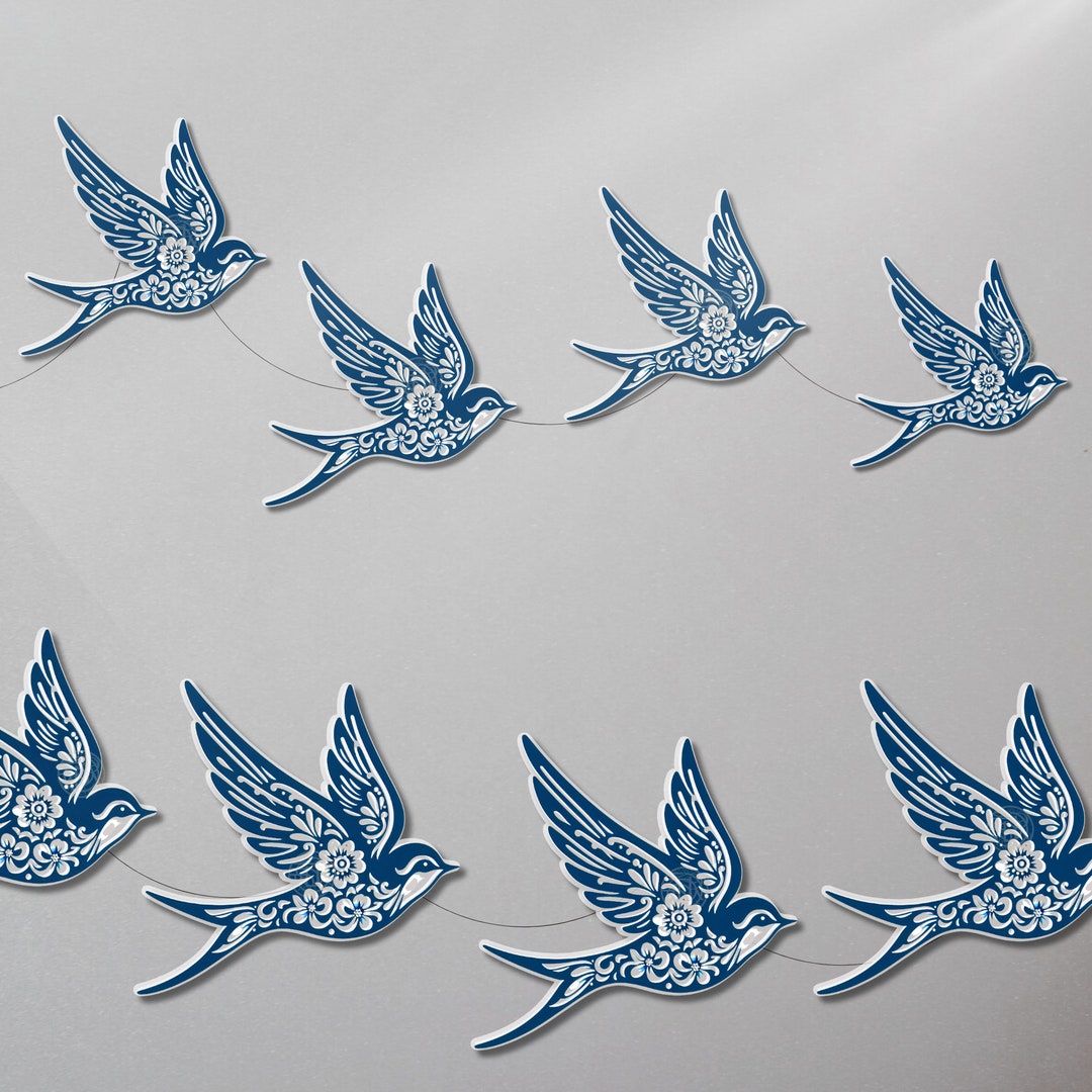 Printable Bird Garland, Vintage Folk Art Swallow Decor, Blue Wedding ...