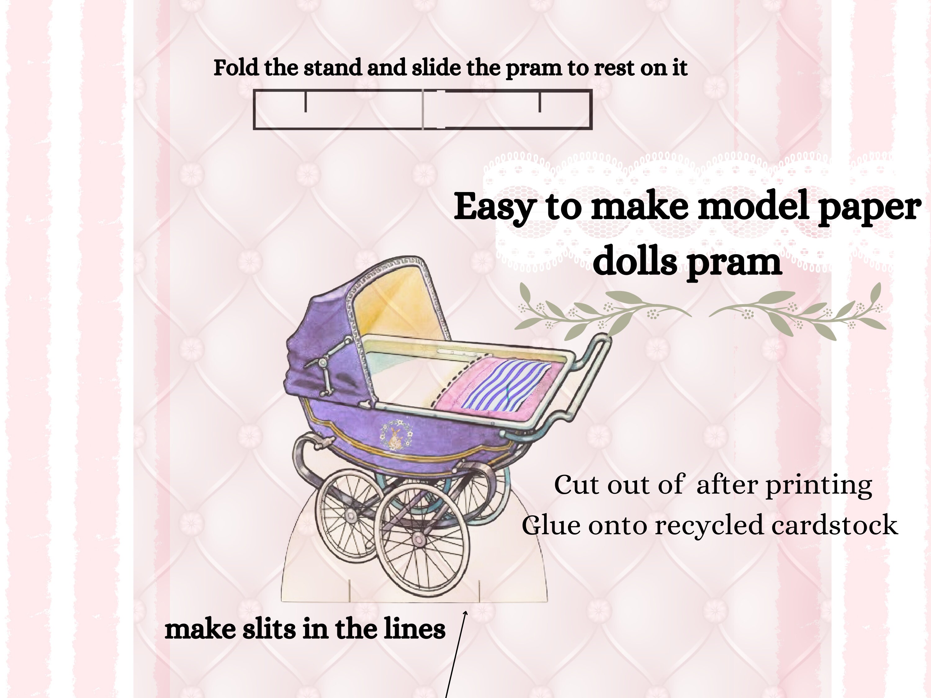 Dolls House Pram, Printable Paper Dolls Pram, Coach Built Lilac Pram With Bunnies, Svg Model ...