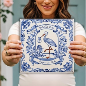 Personalised Delft Blue Birth Tile Printable, Custom Baby Birth ...