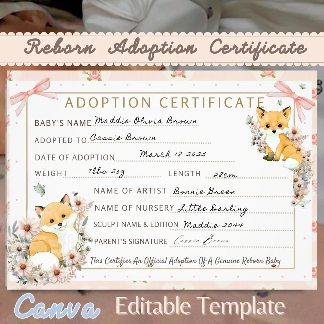Reborn Baby Editable Certificate Template Printable Girl Reborn Dolls ...