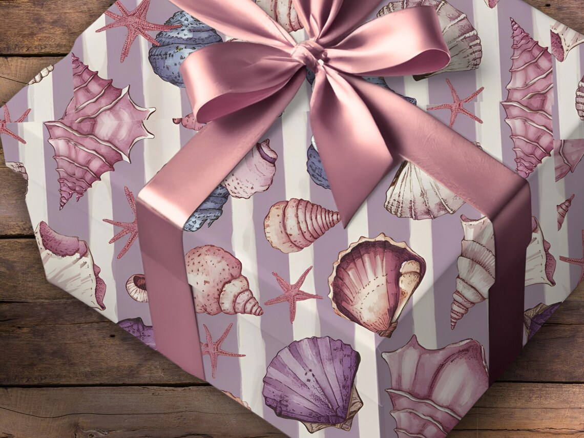 Seashell Wrapping Paper, Ocean Shells Gift Wrap, Handpainted Watercolor ...