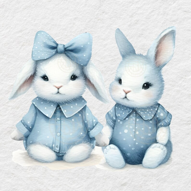 Twin Baby Bunny Rabbit Clipart Bundle Sky Blue Brother and Sister Twins ...