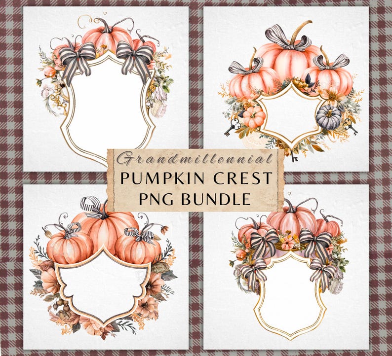 Pumpkin Crest PNG Bundle, Grandmillennial Fall Clipart (digital ...