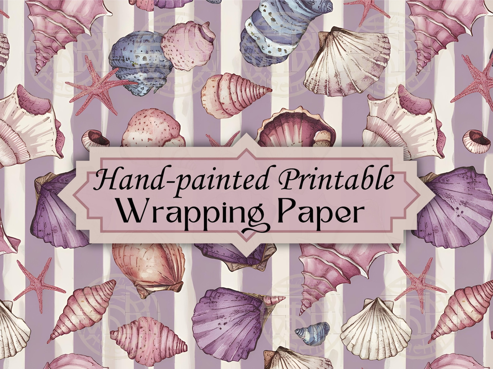 Seashell Wrapping Paper, Ocean Shells Gift Wrap, Handpainted Watercolor ...